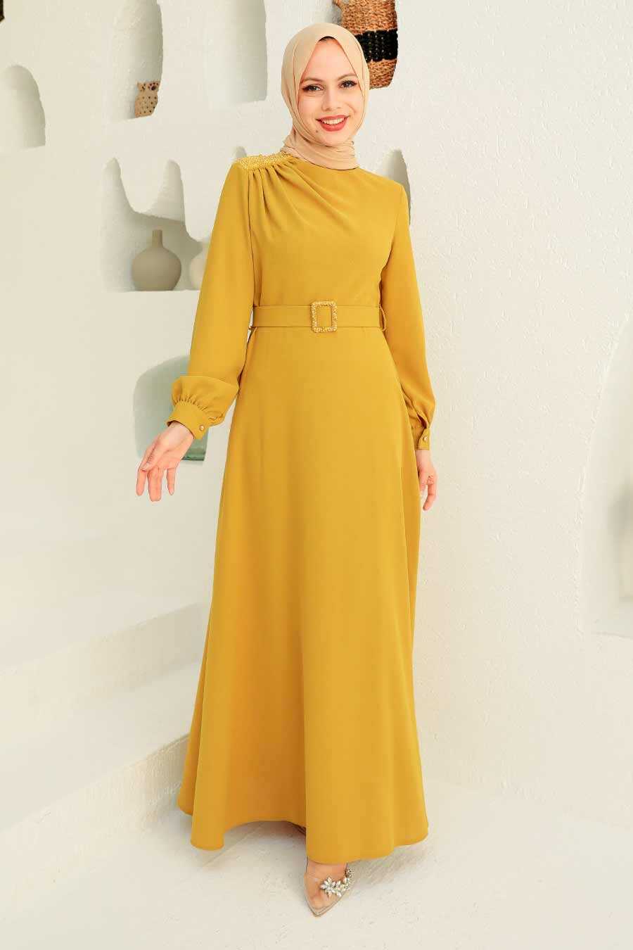 Acidic Yellow Hijab Evening Dress 3295AS - Neva-style.com