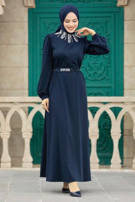 Neva Style - Navy Blue Islamic Clothing Dress 358600L - Neva-style.com