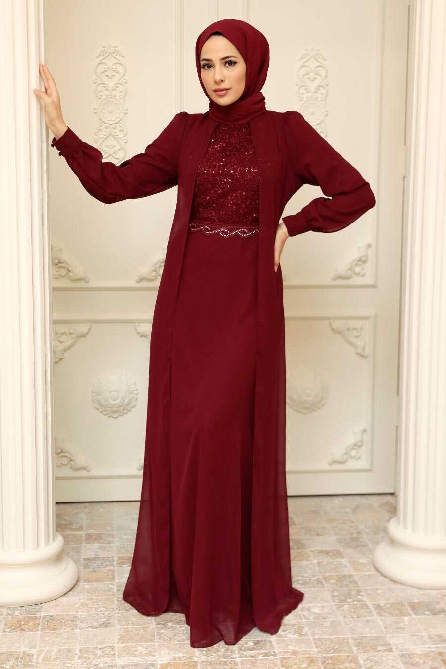 Neva Style - Plus Size Claret Red Muslim Dress 25842BR - Neva-style.com