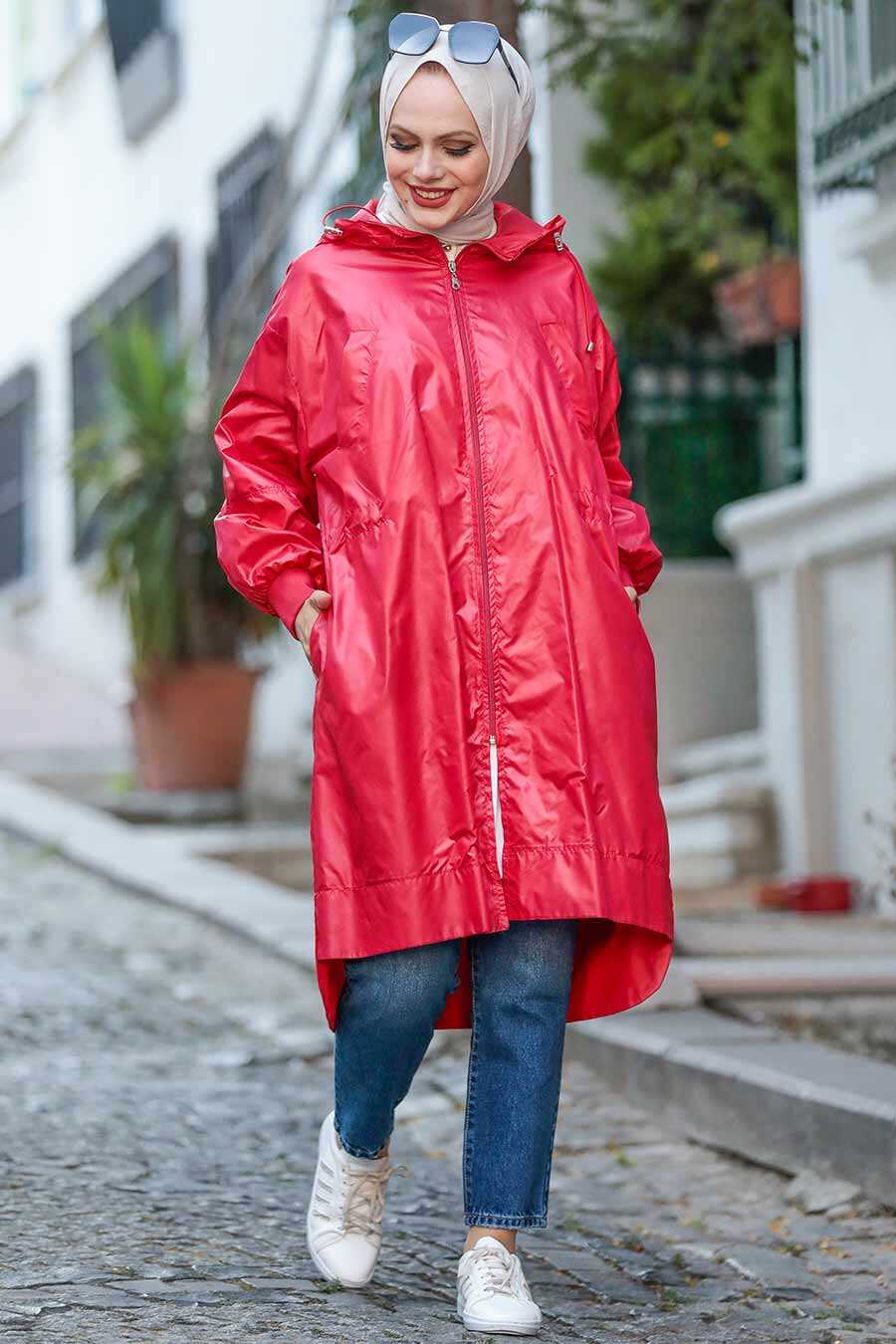 Red Hijab Raincoat 12840K - Neva-style.com